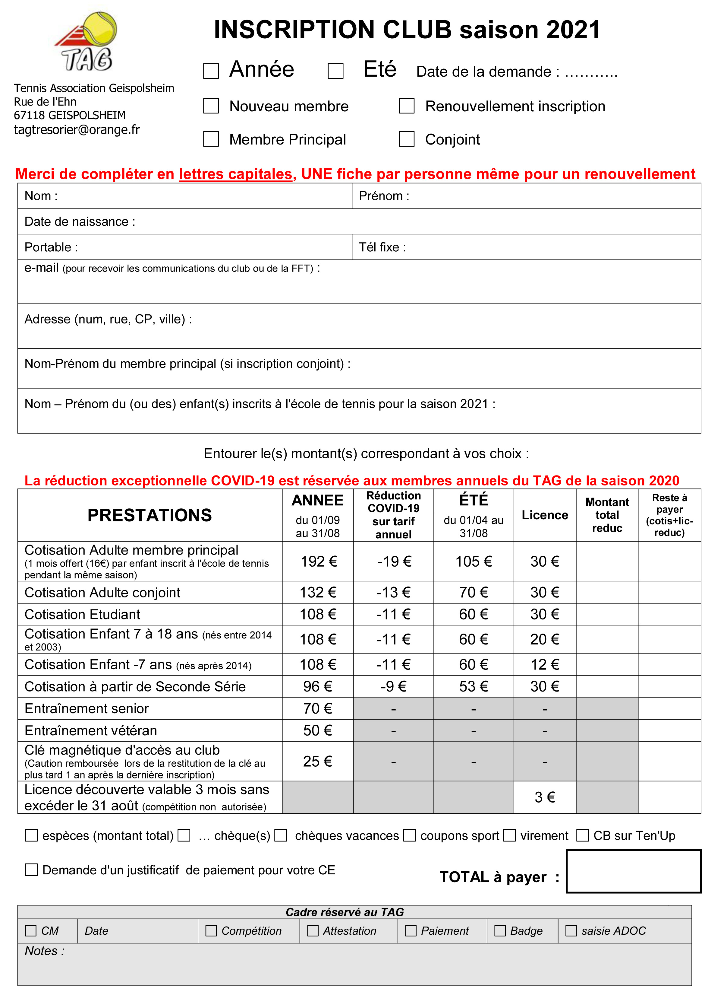 Inscription club + école de tennis
